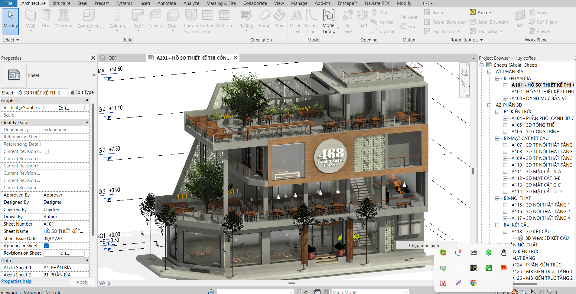 Chia sẽ miễn phí Hồ sơ Quán cafe bằng Revit đầy đủ - Bim House Education